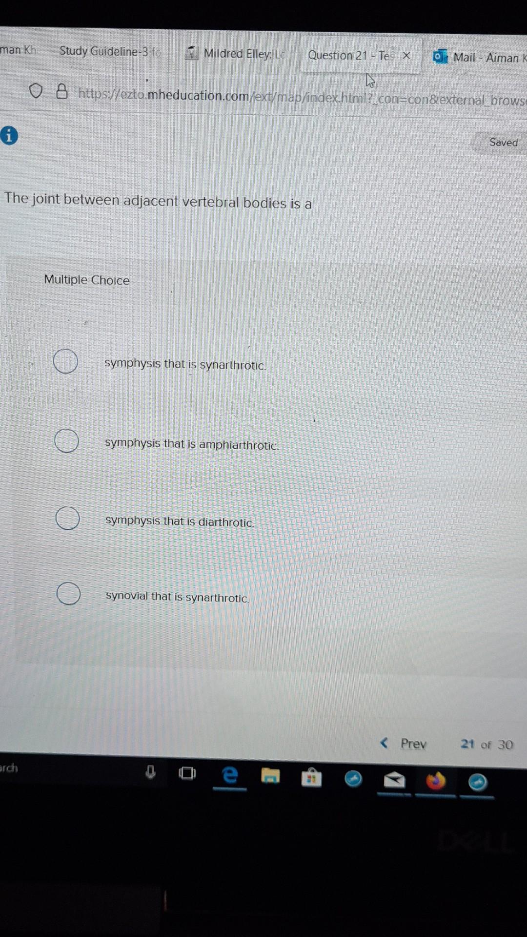 Solved The joint between adjacent vertebral bodies is a | Chegg.com