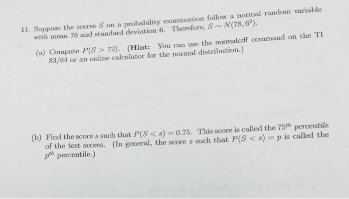 Solved 11. Suppose the scores S on a probability examination | Chegg.com