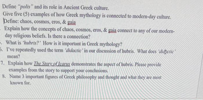 Define "polis" and its role in Ancient Greek culture. | Chegg.com