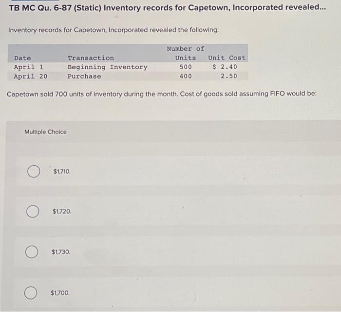 Solved TB MC Qu. 6-86 (Static) Inventory records for | Chegg.com