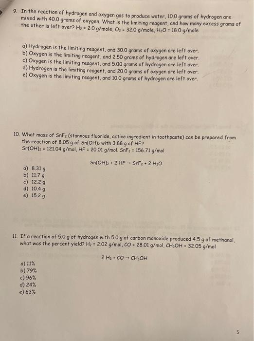Solved 9. In the reaction of hydrogen and oxygen gas to | Chegg.com