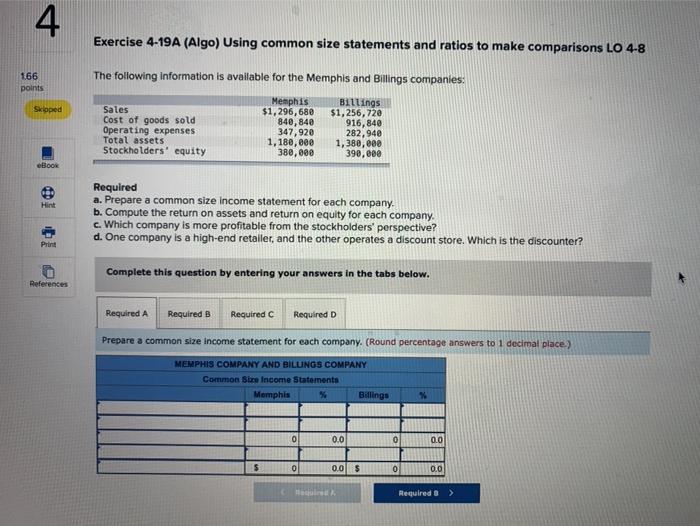 Solved 4 Exercise 4-19A (Algo) Using common size statements | Chegg.com