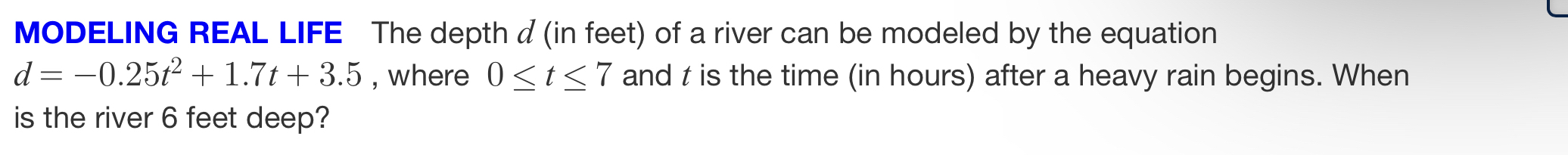 Solved MODELING REAL LIFE The depth d (in feet) ﻿of a river | Chegg.com