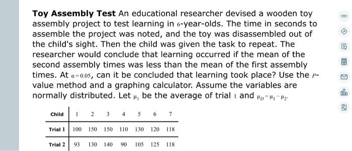 Solved Toy Assembly Test An educational researcher devised a | Chegg.com