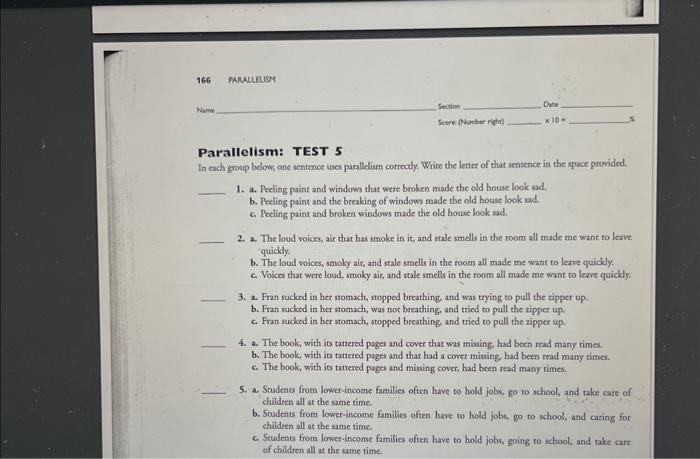 Parallelism: TEST 5 In cach group below, one sentence | Chegg.com