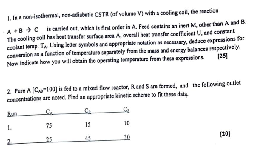 Solved 1. In a non-isothermal, non-adiabatic CSTR (of volume | Chegg.com