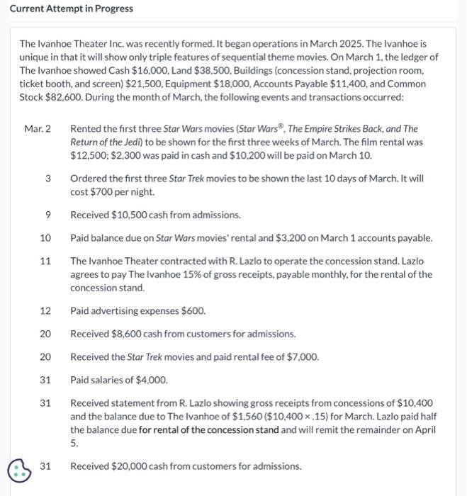 Current Attempt in Progress The Ivanhoe Theater Inc. | Chegg.com