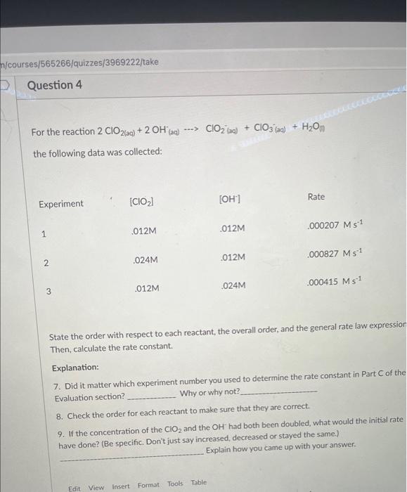 Solved For the reaction 2ClO2(aq)+2OH(aq)…ClO2 (aq) +ClO3 | Chegg.com