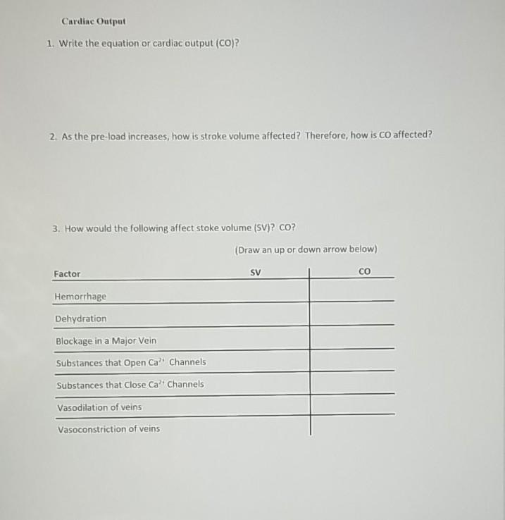 Solved Cardiac Output 1. Write the equation or cardiac | Chegg.com