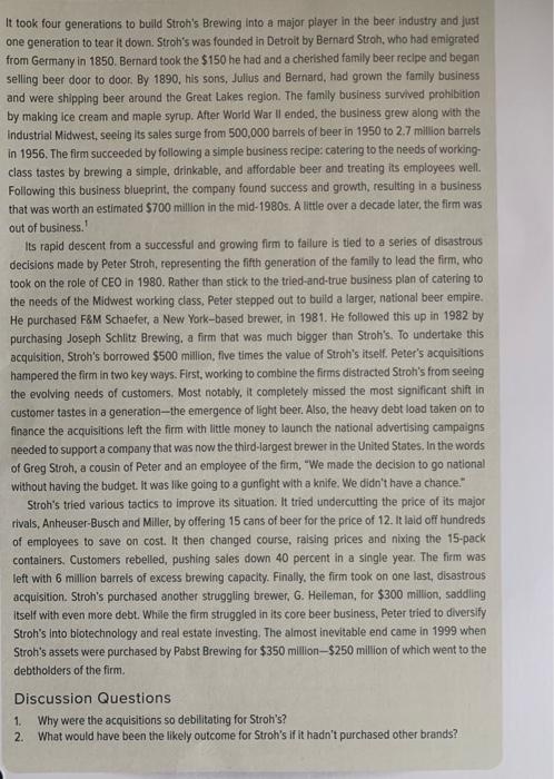 Solved It took four generations to build Stroh's Brewing | Chegg.com