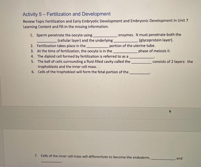 Solved Activity 5 - Fertilization and Development Review | Chegg.com
