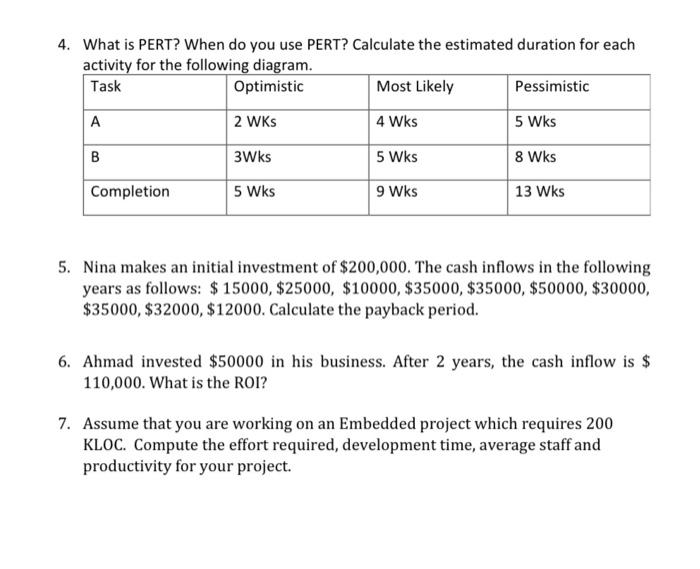 Solved 4. What is PERT? When do you use PERT? Calculate the | Chegg.com
