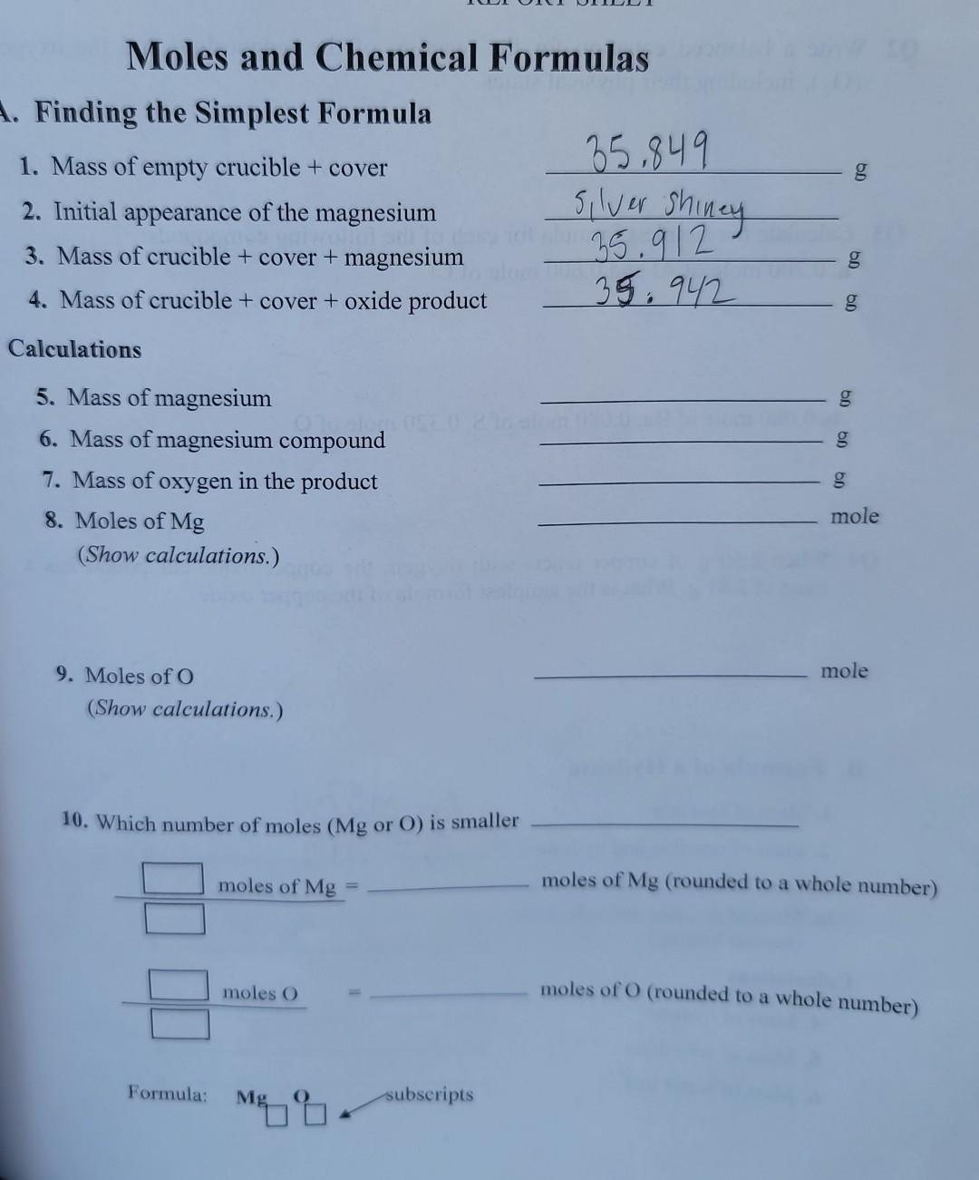 Solved Calculations 5. Mass of magnesium g 6. Mass of | Chegg.com