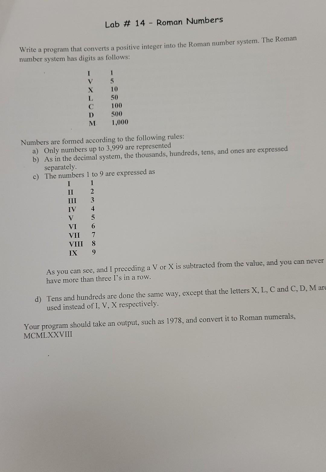 Solved Lab # 14 - Roman Numbers Write a program that | Chegg.com