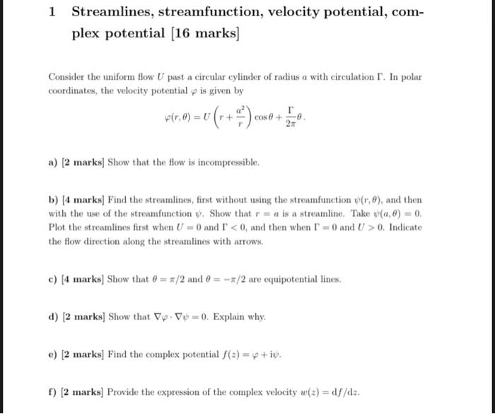 Solved 1 Streamlines, streamfunction, velocity potential, | Chegg.com