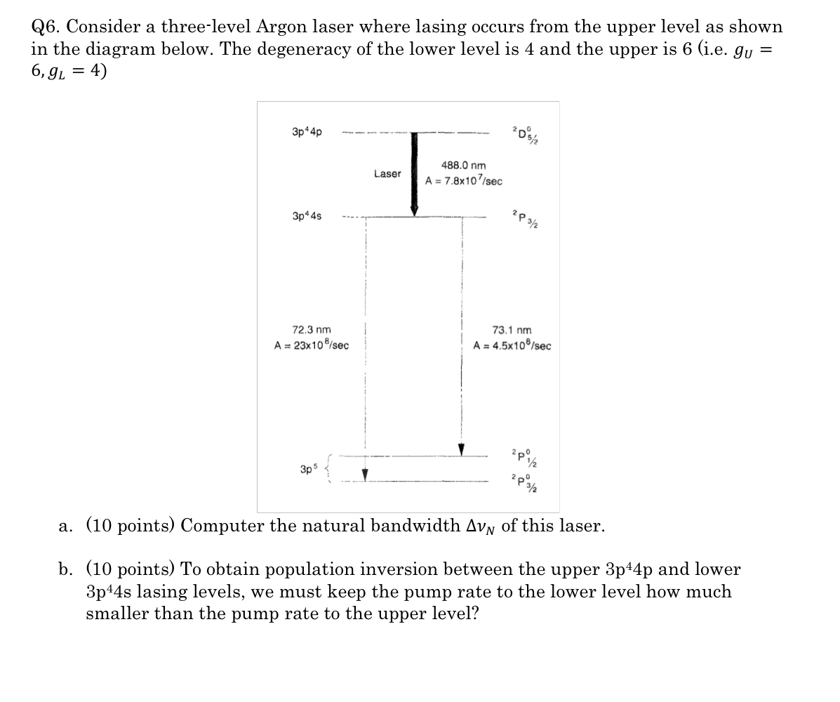 Solved gU=6,gL=4 ΔvN of ﻿this laser.b. (10 ﻿points) To | Chegg.com