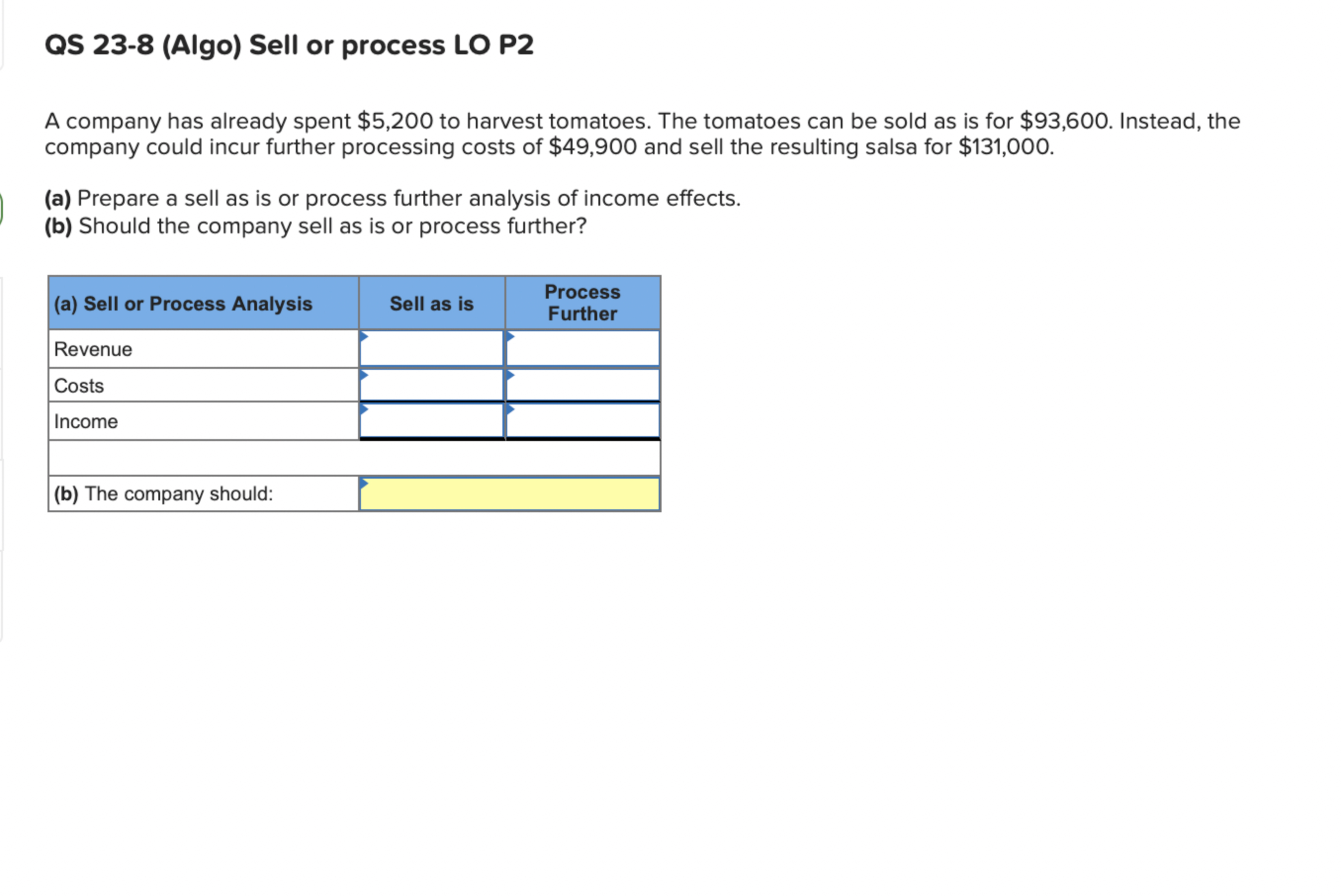 Solved QS 23-8 (Algo) ﻿Sell or process LO P2A company has | Chegg.com