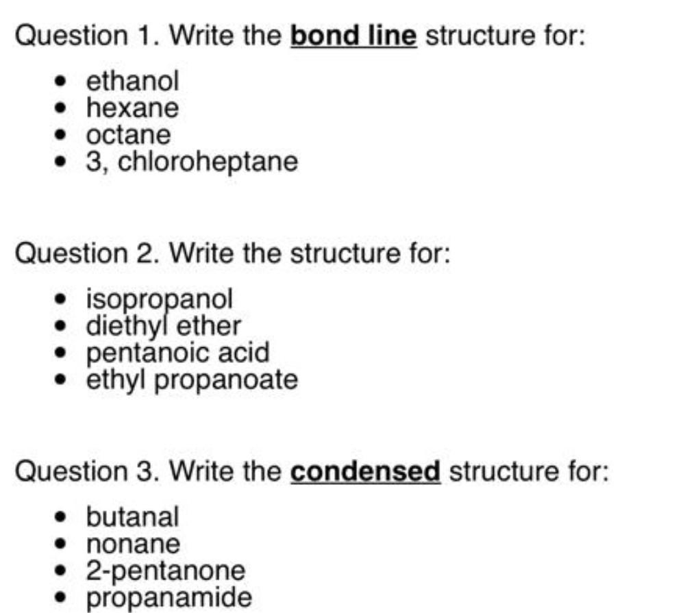 Solved Question 1. Write the bond line structure for: - | Chegg.com
