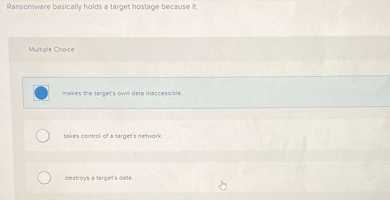 Solved Ransomware basically holds a target hostage because | Chegg.com