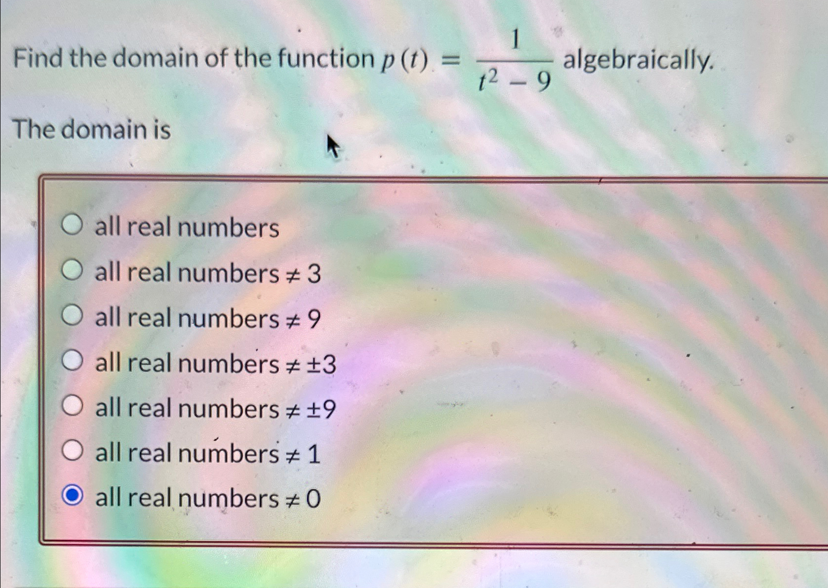 Solved Find the domain of the function p(t)=1t2-9 | Chegg.com