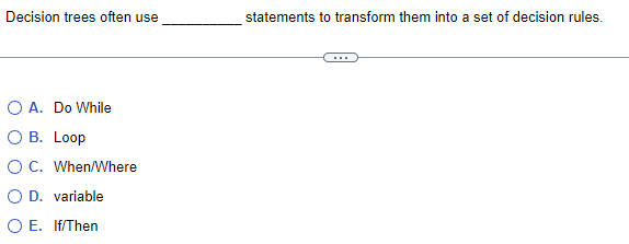 Solved Decision trees often useA. ﻿Do WhileB. ﻿LoopC. | Chegg.com