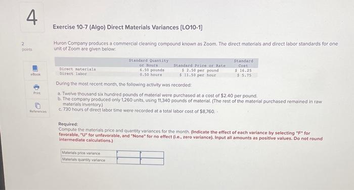 Exercise 10-7 (Algo) Direct Materials Variances | Chegg.com