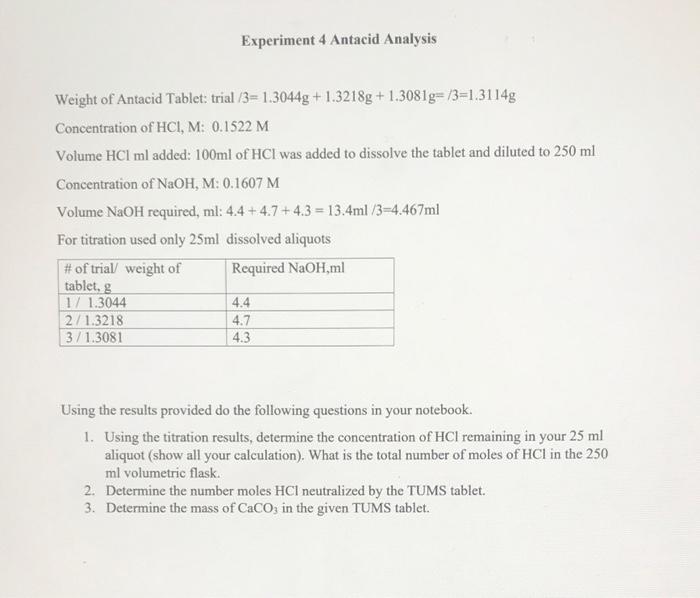 Solved Experiment 4 Antacid Analysis Weight of Antacid | Chegg.com