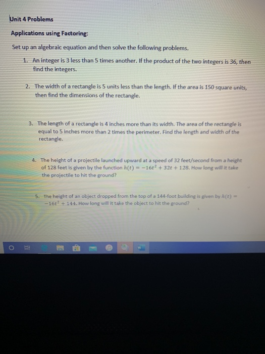 Solved Unit 4 Problems Applications Using Factoring Set Up