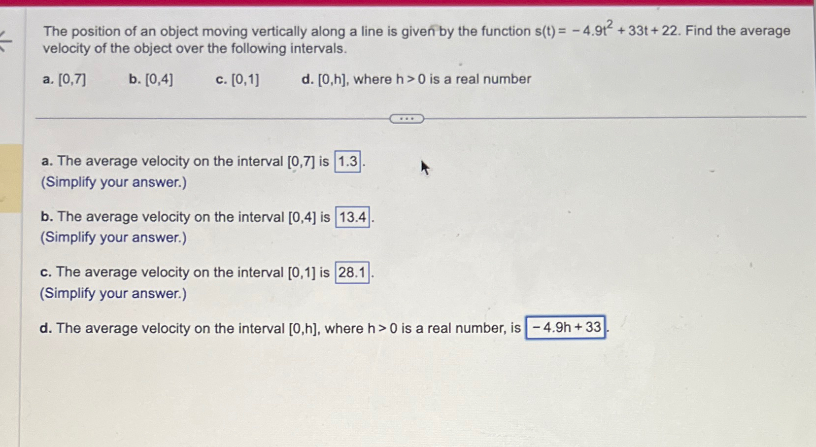 Solved The position of an object moving vertically along a | Chegg.com