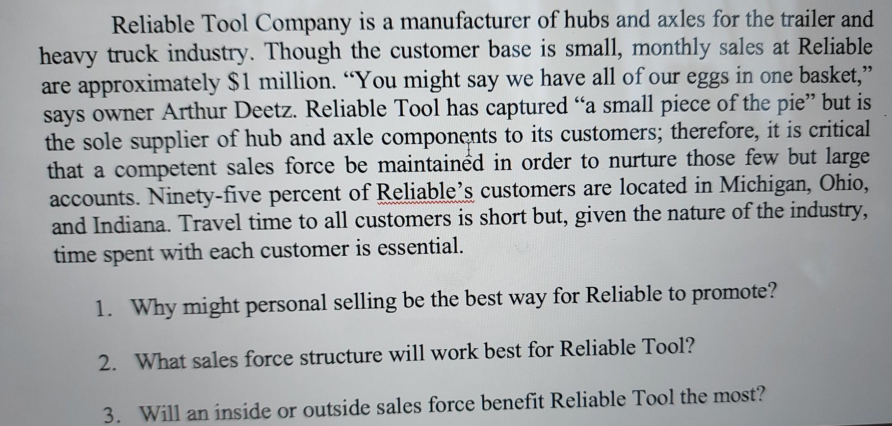 Reliable Tool Company is a manufacturer of hubs and | Chegg.com