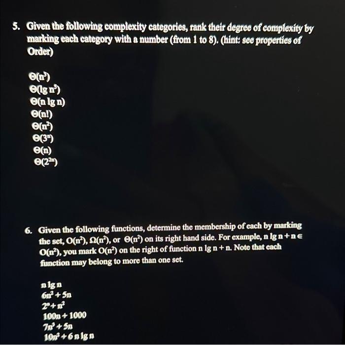 Solved 5. Civen the following complexity categories, rank | Chegg.com