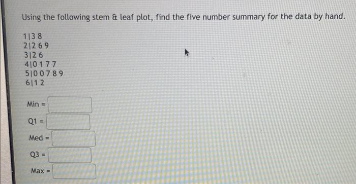 Solved Using the following stem & leaf plot, find the five | Chegg.com