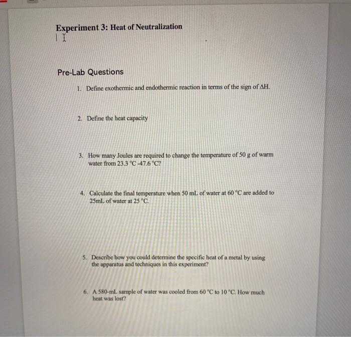 Solved Experiment 3: Heat of Neutralization Pre-Lab | Chegg.com