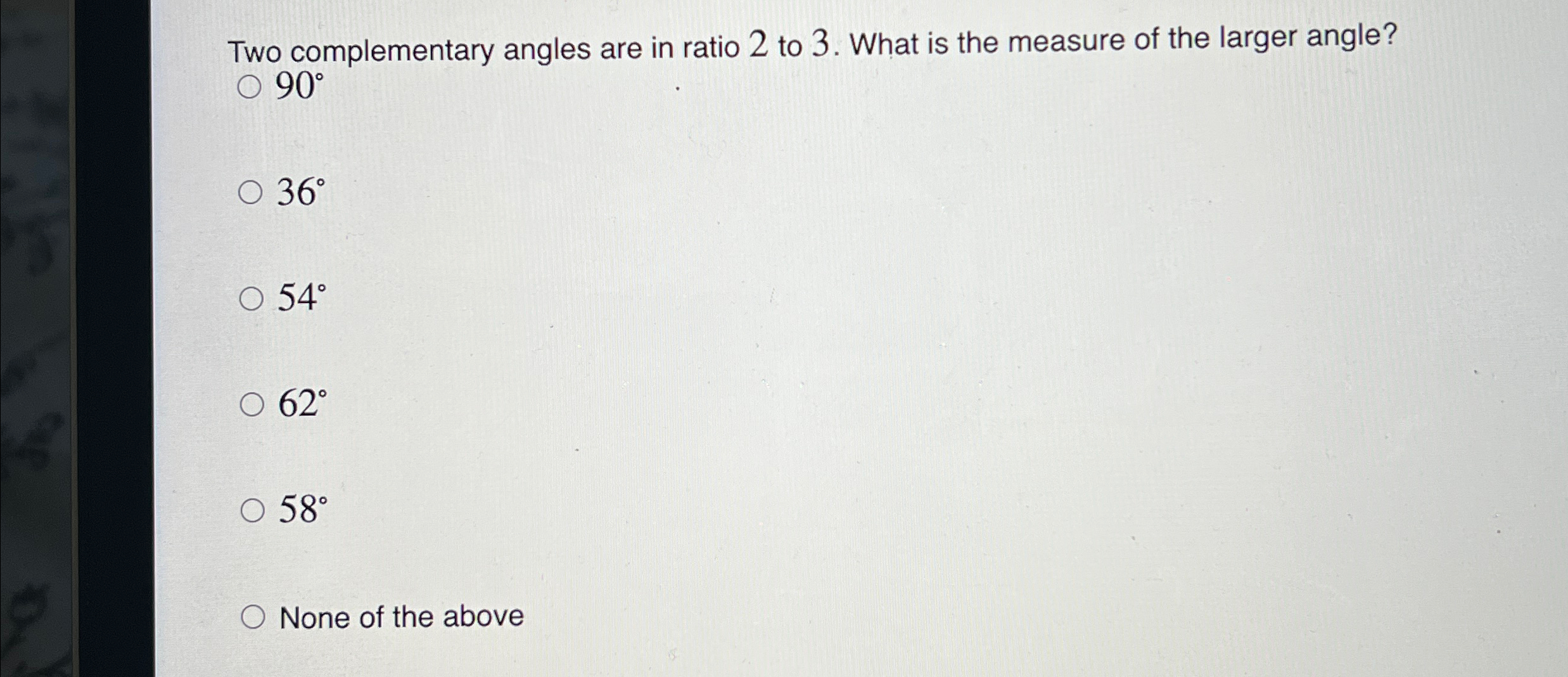 Solved Two complementary angles are in ratio 2 ﻿to 3 . ﻿What | Chegg.com