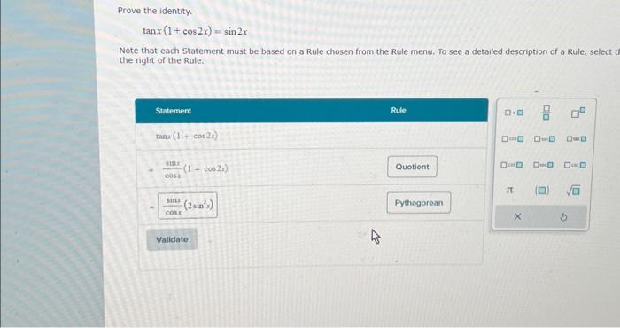 Solved Prove the identity. tanx(1+cos2x)=sin2x Note that | Chegg.com