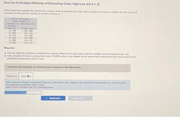 Solved Exercise 5-34 (Algo) Methods of Estimating Costs: | Chegg.com