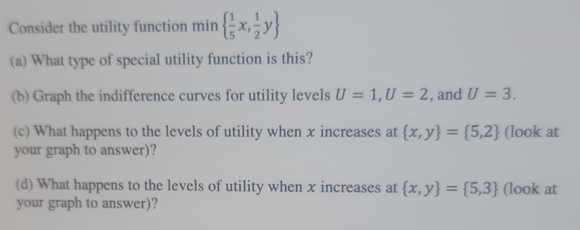 Solved Consider the utility function min{51x,21y} (a) What | Chegg.com