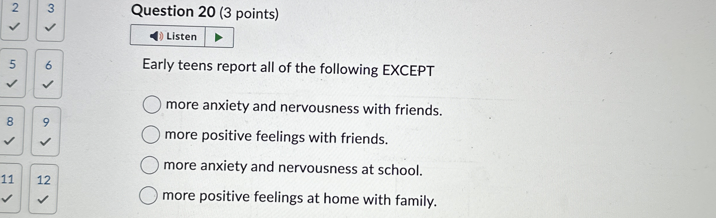 Solved Question 20 (3 ﻿points)ListenEarly teens report all | Chegg.com
