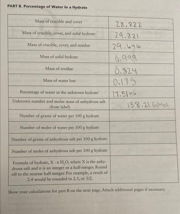 Solved PART B. Percentage of Water in a Hydrate | Chegg.com