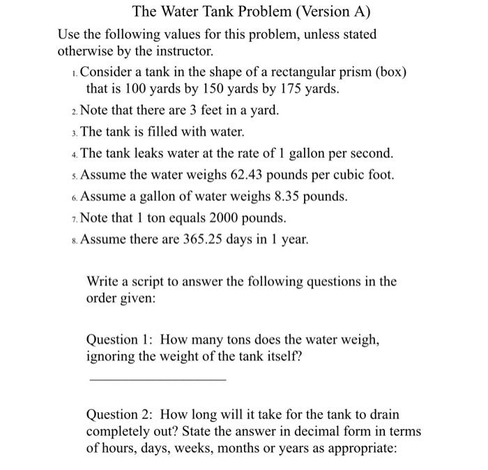Solved The Water Tank Problem (Version A) Jse the following | Chegg.com