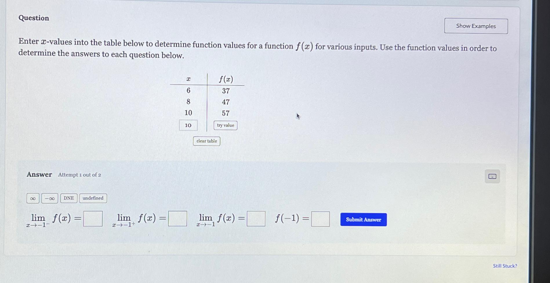 Solved QuestionShow ExamplesEnter x-values into the table | Chegg.com