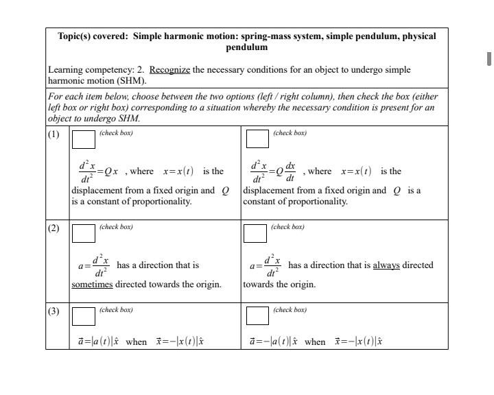 Solved Topic(s) covered: Simple harmonic motion: spring-mass | Chegg.com