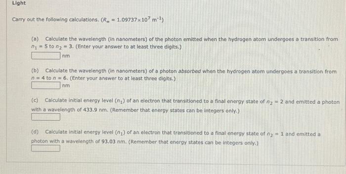 iry out the following calculations. (R==1.09737×107 | Chegg.com