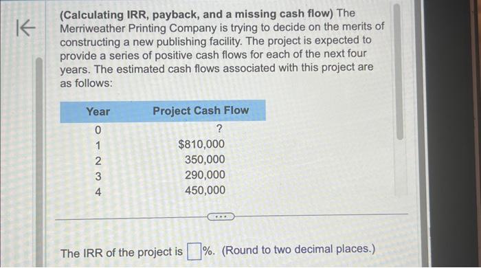 (Calculating IRR, payback, and a missing cash flow) | Chegg.com