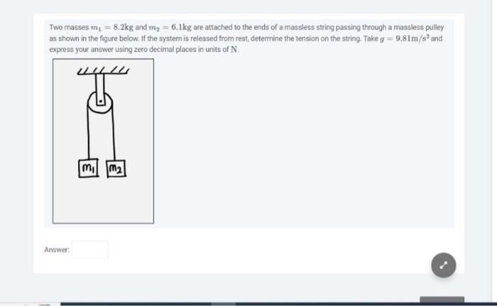 Solved Two masses m1=8.2 kg and m2=6.1 kg are attached to | Chegg.com
