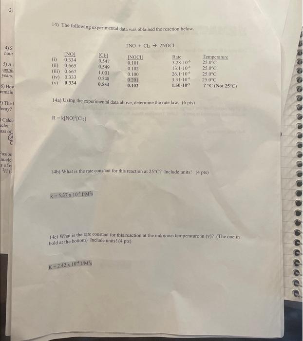 Solved 14) The following experimental data was obtained the | Chegg.com