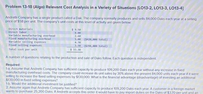 Solved Problem 13-18 (Algo) Relevant Cost Analysis in a | Chegg.com