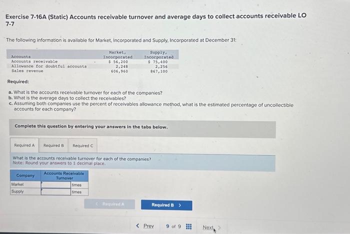 Solved Exercise 7-16A (Static) Accounts receivable | Chegg.com