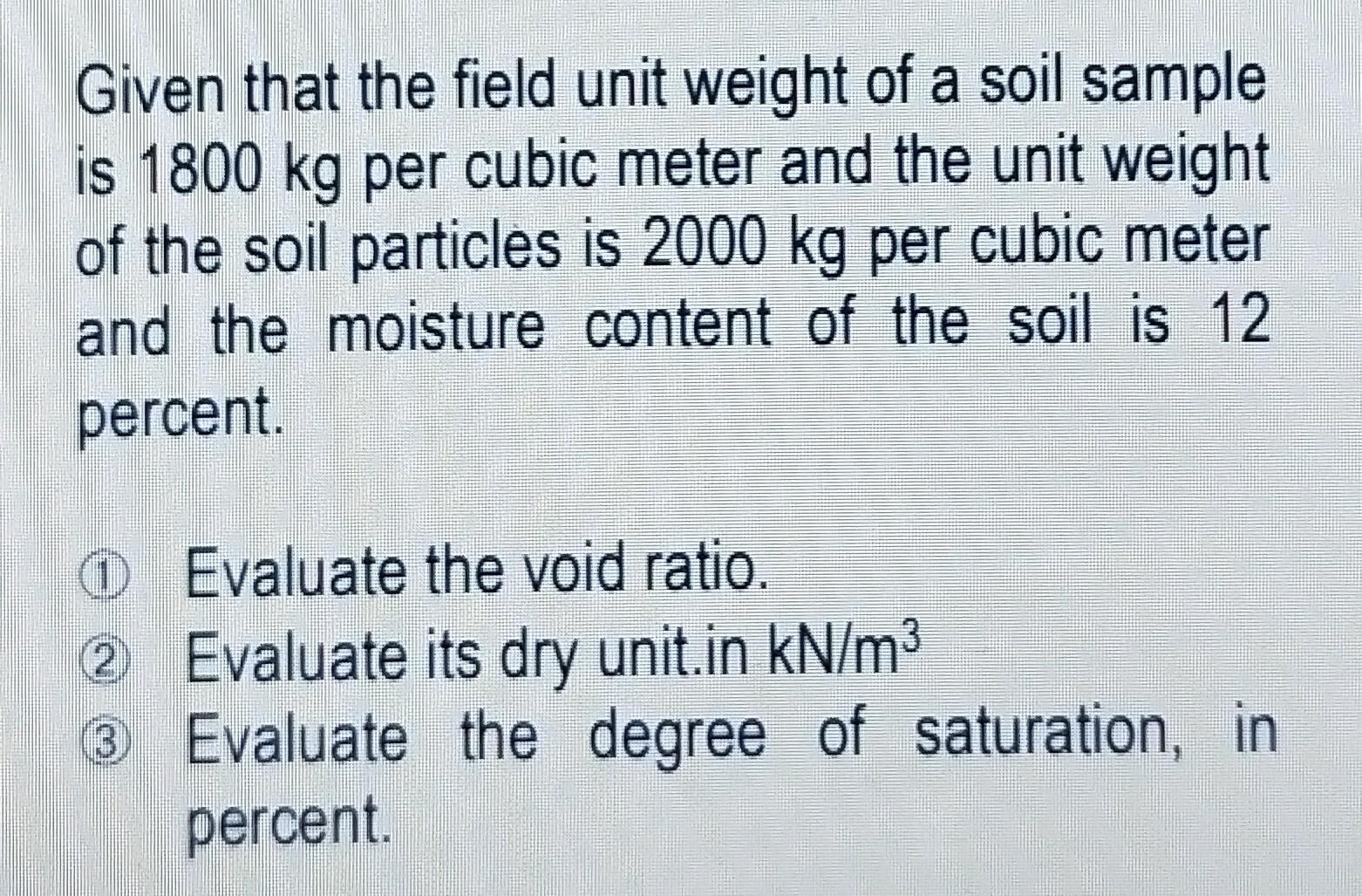 Solved Given that the field unit weight of a soil sample is | Chegg.com
