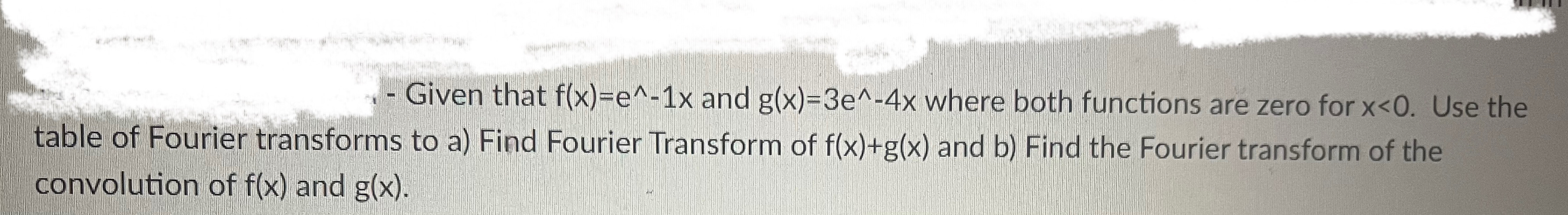 Solved Find Fourier Transform for f(x)+ ﻿g(x) ﻿and for the | Chegg.com